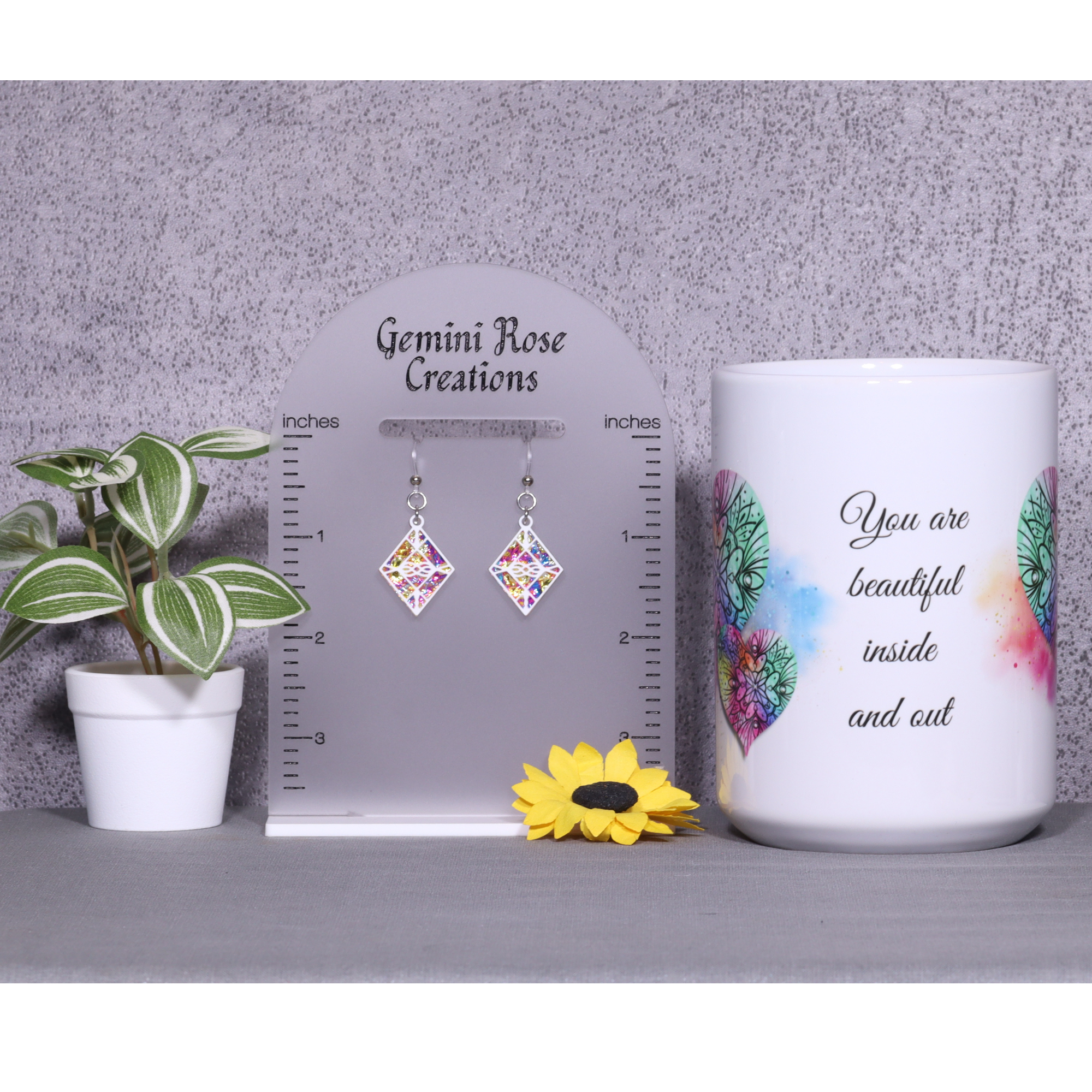 White Diamond Shape Dangle Earrings & 15 0z Mug Gift Set | Gemini Rose ...